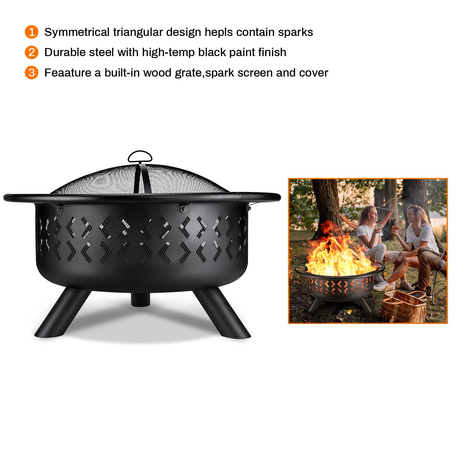 Cityflee 36 Inch Fire Pits for Outside Wood Burning Large Outdoor Heavy Duty Firepits with Spark Screen for Patio & Backyard Bonfires, Includes Poker