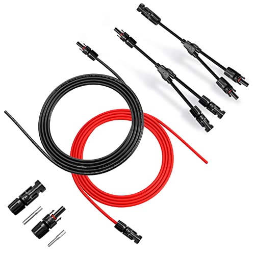 WBGADAM 20FT 10AWG Solar Extension Cable， and 1 Pair of Solar Y Branch Parallel Connectors, Included Extra Free Pair of Connectors, (20Feet Red + 20Feet Black) Connector Kit Made of Pure Copper