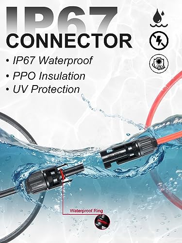 WBGADAM 20FT 10AWG Solar Extension Cable， and 1 Pair of Solar Y Branch Parallel Connectors, Included Extra Free Pair of Connectors, (20Feet Red + 20Feet Black) Connector Kit Made of Pure Copper