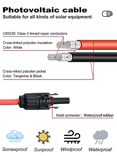 WBGADAM 20FT 10AWG Solar Extension Cable， and 1 Pair of Solar Y Branch Parallel Connectors, Included Extra Free Pair of Connectors, (20Feet Red + 20Feet Black) Connector Kit Made of Pure Copper