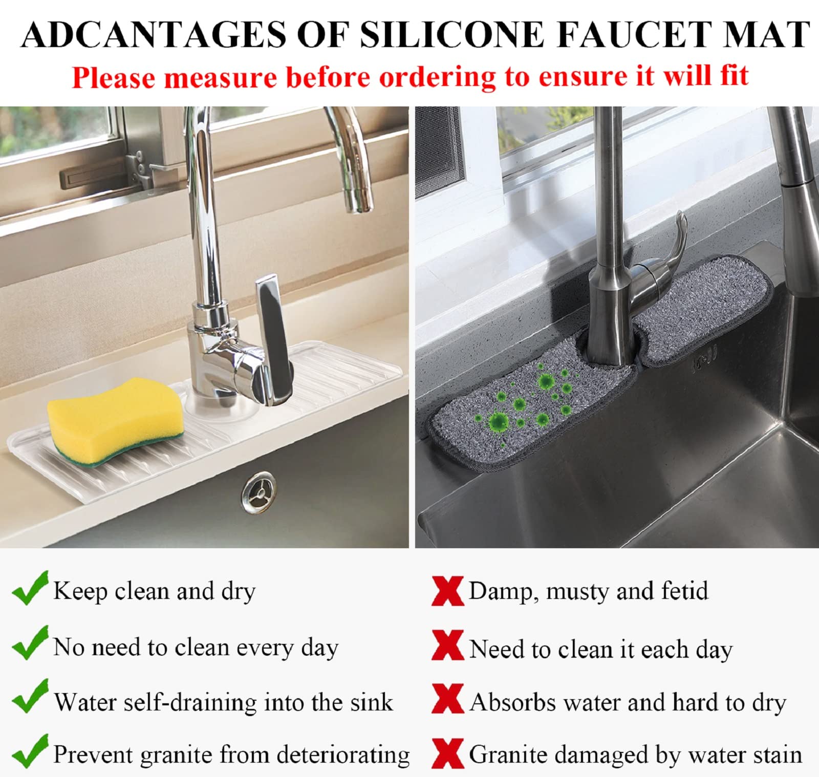 YATOISUR Silicone Faucet Splash Guard - 14.4” x 5.4” Sink Splash Guard - Faucet Water Catcher Mat with Sink Mat & Soap Dish & Sponge Holder 3 in 1 for Kitchen, Farmhouse, Bar & RV (Clear)