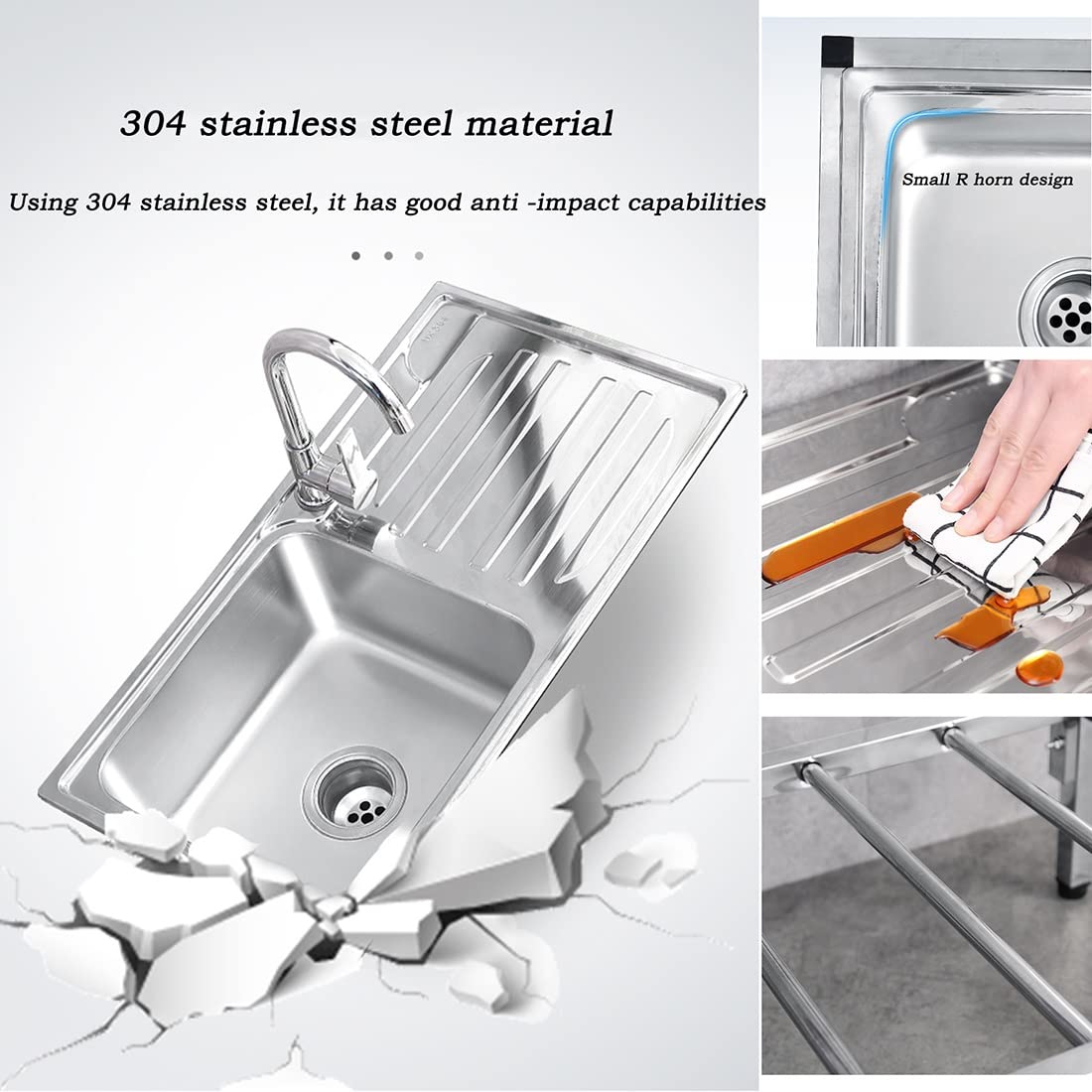 YZJJ Utility Sink Single Bowl Stainless Steel Commercial Kitchen Simple Laundry Sink with Left Drainboard for Laundry Backyard Garage Camping Portable Handwashing Station (Color : Hot Cold Water tap)