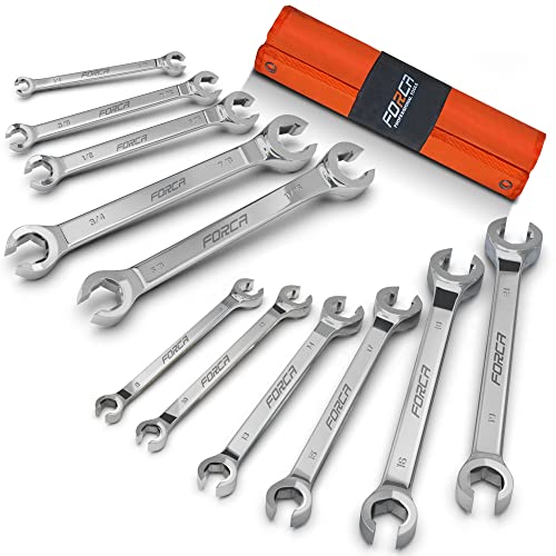 FORCA Flare Nut Wrench Set (11 Pcs Metric & SAE) 1/4" to 7/8" & 9-21mm, CR-V Steel Brake Line Wrench Set with Organizer Pouch