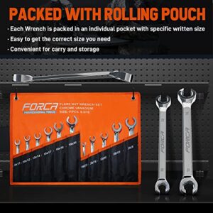 FORCA Flare Nut Wrench Set (11 Pcs Metric & SAE) 1/4" to 7/8" & 9-21mm, CR-V Steel Brake Line Wrench Set with Organizer Pouch