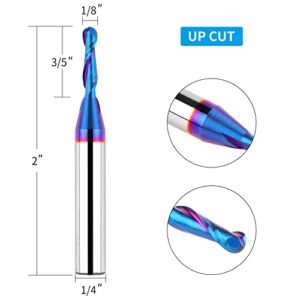 EANOSIC Carbide Ball Nose CNC Bit 1/4 Inch Shank, 1/8" Cutting Diameter End Mill Bits Spiral Router Bits Wood Milling Tool with Nano Blue Coating for Carving Engraving