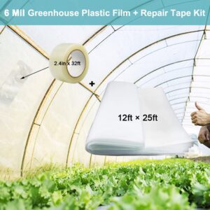 10 x 26 ft Greenhouse Film & Repair Tape, 6 mil Clear Greenhouse Cover, UV Resistant Covering Plastic Sheeting Hoop Anti-drip House Plastic Polyethylene Cover