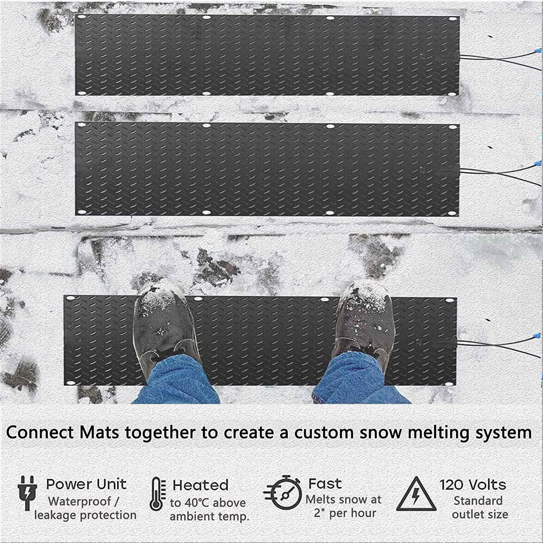 Residential Heated Snow Melting Heated Stair Mat, PVC Heated Snow and Ice Melting Mat with Power Cord, Slip Stair Heating Outdoor Mats 2 in/h Melting Speed for Winter Snow Removal (25.4x38.1cm)