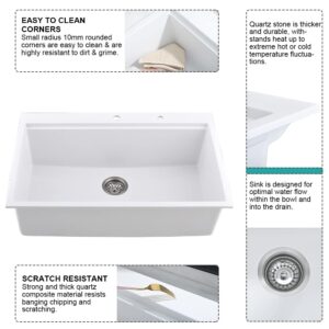 33 White Drop In Kitchen Sink Workstation-iAnomla 33x22 Drop-in Topmount Quartz Composite White Kitchen Sink Drop In Workstation Single Bowl Kitchen Sink with Cutting Board&Drain