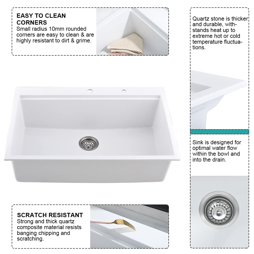 33 White Drop In Kitchen Sink Workstation-iAnomla 33x22 Drop-in Topmount Quartz Composite White Kitchen Sink Drop In Workstation Single Bowl Kitchen Sink with Cutting Board&Drain