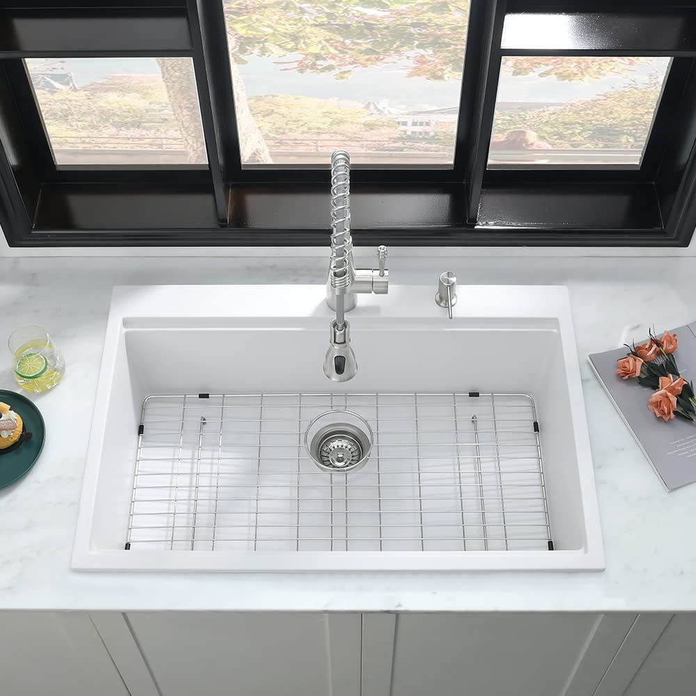 33 White Drop In Kitchen Sink Workstation-iAnomla 33x22 Drop-in Topmount Quartz Composite White Kitchen Sink Drop In Workstation Single Bowl Kitchen Sink with Cutting Board&Drain