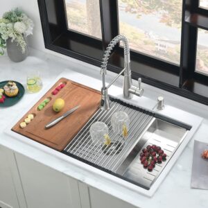 33 White Drop In Kitchen Sink Workstation-iAnomla 33x22 Drop-in Topmount Quartz Composite White Kitchen Sink Drop In Workstation Single Bowl Kitchen Sink with Cutting Board&Drain