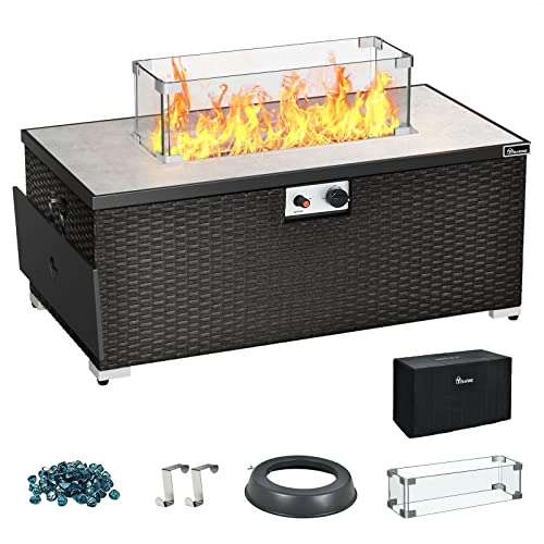 YITAHOME 43 Inch Propane Fire Pit Table and Resin Wicker Base 50,000 BTU Gas Fire Pit with Ceramic tile Tabletop, Fire Glass Beads, Cover, Rectangle Outdoor Firetable for Patio Garden Backyard (Black)