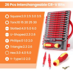 ToolinHand1000V Insulated Electrician Screwdriver Set Phillips Slotted Torx Hex Square Strong Magnetic Bit Professional Electrical Screw Driver Set Tools for Man with Case Household Repair