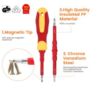 ToolinHand1000V Insulated Electrician Screwdriver Set Phillips Slotted Torx Hex Square Strong Magnetic Bit Professional Electrical Screw Driver Set Tools for Man with Case Household Repair