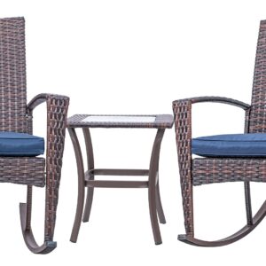 3 Piece Wicker Patio Furniture Sets, Outdoor Wicker Rocking Chairs Patio Bistro Set, Rattan Chairs Patio Furniture Set for Porch Lawn Poolside Backyard with Glass Coffee Table, Brown and Navy