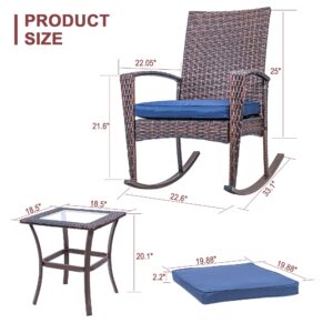 3 Piece Wicker Patio Furniture Sets, Outdoor Wicker Rocking Chairs Patio Bistro Set, Rattan Chairs Patio Furniture Set for Porch Lawn Poolside Backyard with Glass Coffee Table, Brown and Navy