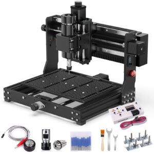 500w cnc router machine, mysweety 3020 plus cnc wood router 3 axis desktop cnc machine for metal wood acrylic mdf with limit switches, emergency-stop, working area 300*200*73 mm(11.81*7.87*2.87 inch)