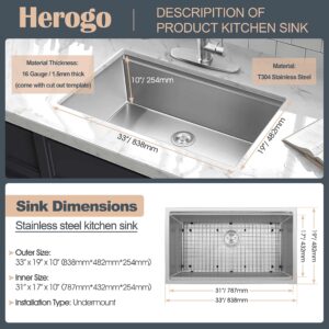 Herogo Kitchen Sink, 33x19 Inch Large Farmhouse Undermount Kitchen Sink, Stainless Steel R10 Corner Workstation Single Bowl 10 Inch Deep Kitchen Sinks with Accessories