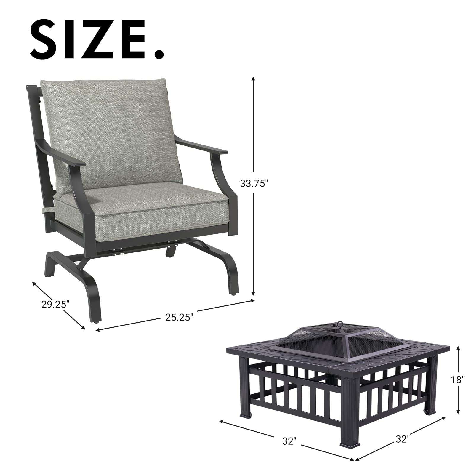 Grand patio Outdoor 5 Pieces Furniture Set,4 Motion Patio Chairs and 32" Wood Burning Fire Pit,Gray