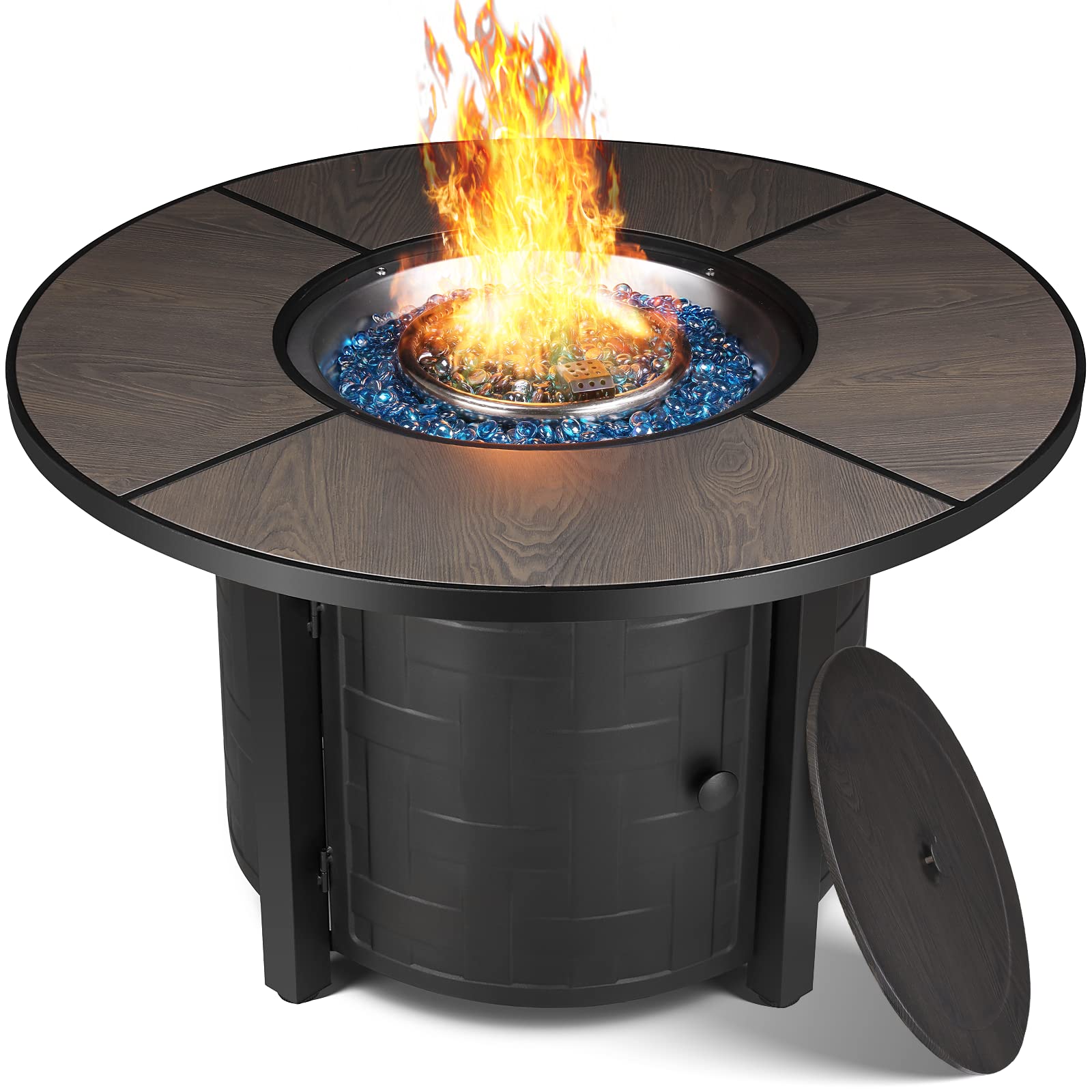 TLGREEN Propane Fire Pit Table 42in, 50,000 BTU Auto-Ignition Round Gas Fire Pits for Outside Patio, Fire Table with Waterproof Cover, Blue Stone and Lid, CSA Certification