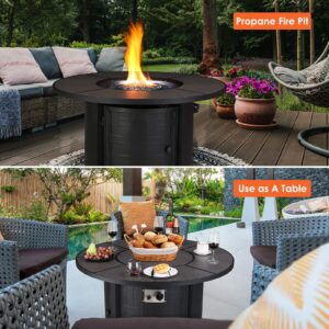 TLGREEN Propane Fire Pit Table 42in, 50,000 BTU Auto-Ignition Round Gas Fire Pits for Outside Patio, Fire Table with Waterproof Cover, Blue Stone and Lid, CSA Certification