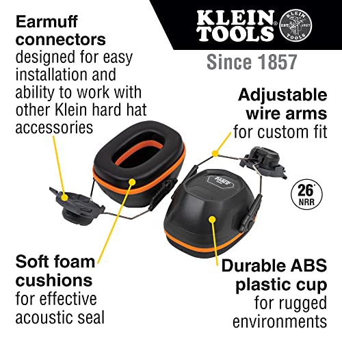 Klein Tools 60502 Earmuffs, Full Brim Hard Hat Attachment, 26dB Noise Protection, for Construction, Manufacturing, Maintenance, Woodworking