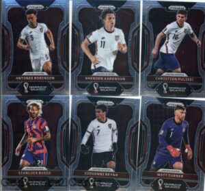 2022 panini prizm world cup qatar united states team set of 12 cards: antonee robinson(#199), brenden aaronson(#200), christian pulisic(#201), gianluca busio(#202), giovanni reyna(#203), matt turner(#204), ricardo pepi(#205), sergino dest(#206), timothy w