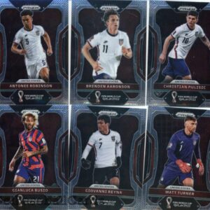 2022 Panini Prizm World Cup Qatar United States Team Set of 12 Cards: Antonee Robinson(#199), Brenden Aaronson(#200), Christian Pulisic(#201), Gianluca Busio(#202), Giovanni Reyna(#203), Matt Turner(#204), Ricardo Pepi(#205), Sergino Dest(#206), Timothy W