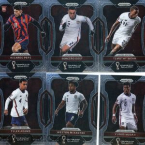 2022 Panini Prizm World Cup Qatar United States Team Set of 12 Cards: Antonee Robinson(#199), Brenden Aaronson(#200), Christian Pulisic(#201), Gianluca Busio(#202), Giovanni Reyna(#203), Matt Turner(#204), Ricardo Pepi(#205), Sergino Dest(#206), Timothy W