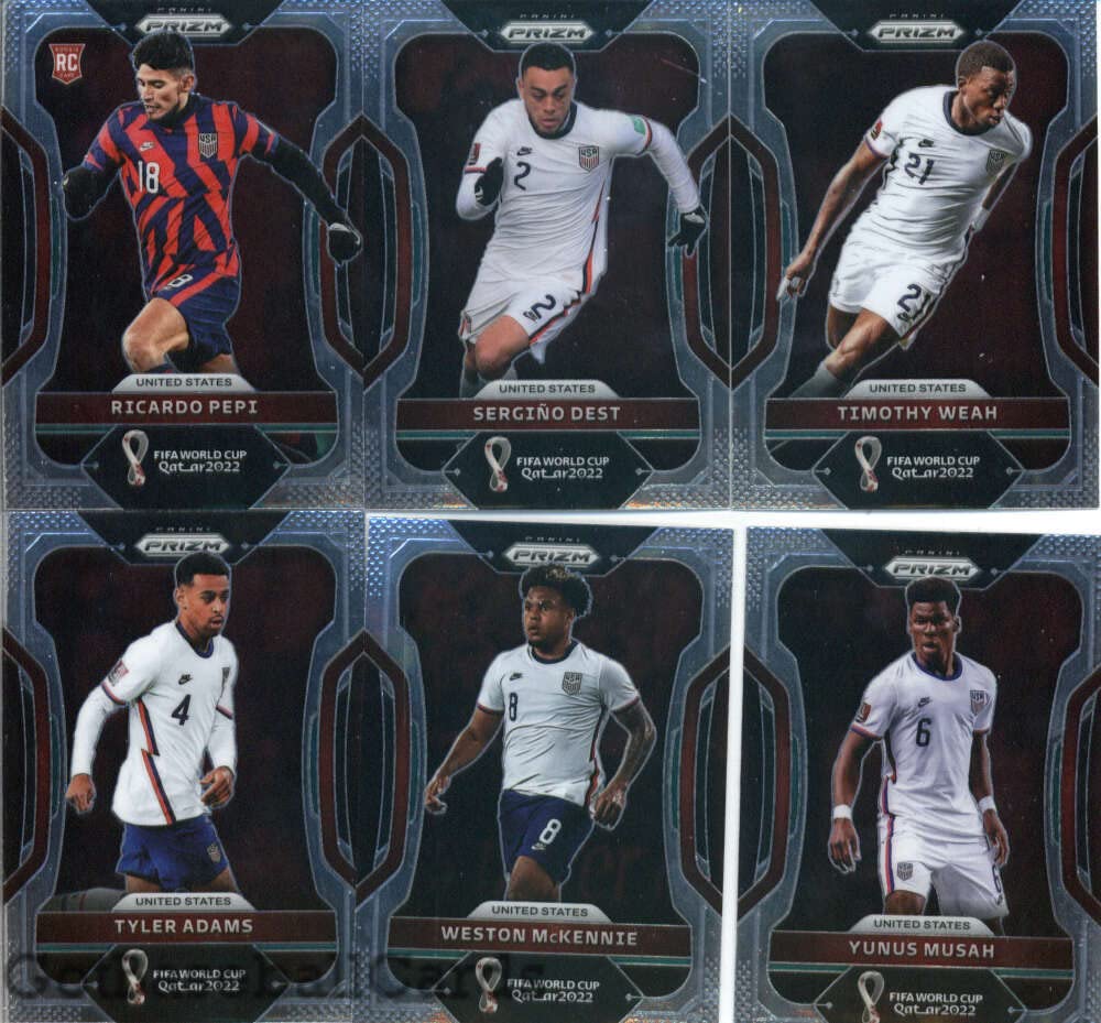 2022 Panini Prizm World Cup Qatar United States Team Set of 12 Cards: Antonee Robinson(#199), Brenden Aaronson(#200), Christian Pulisic(#201), Gianluca Busio(#202), Giovanni Reyna(#203), Matt Turner(#204), Ricardo Pepi(#205), Sergino Dest(#206), Timothy W