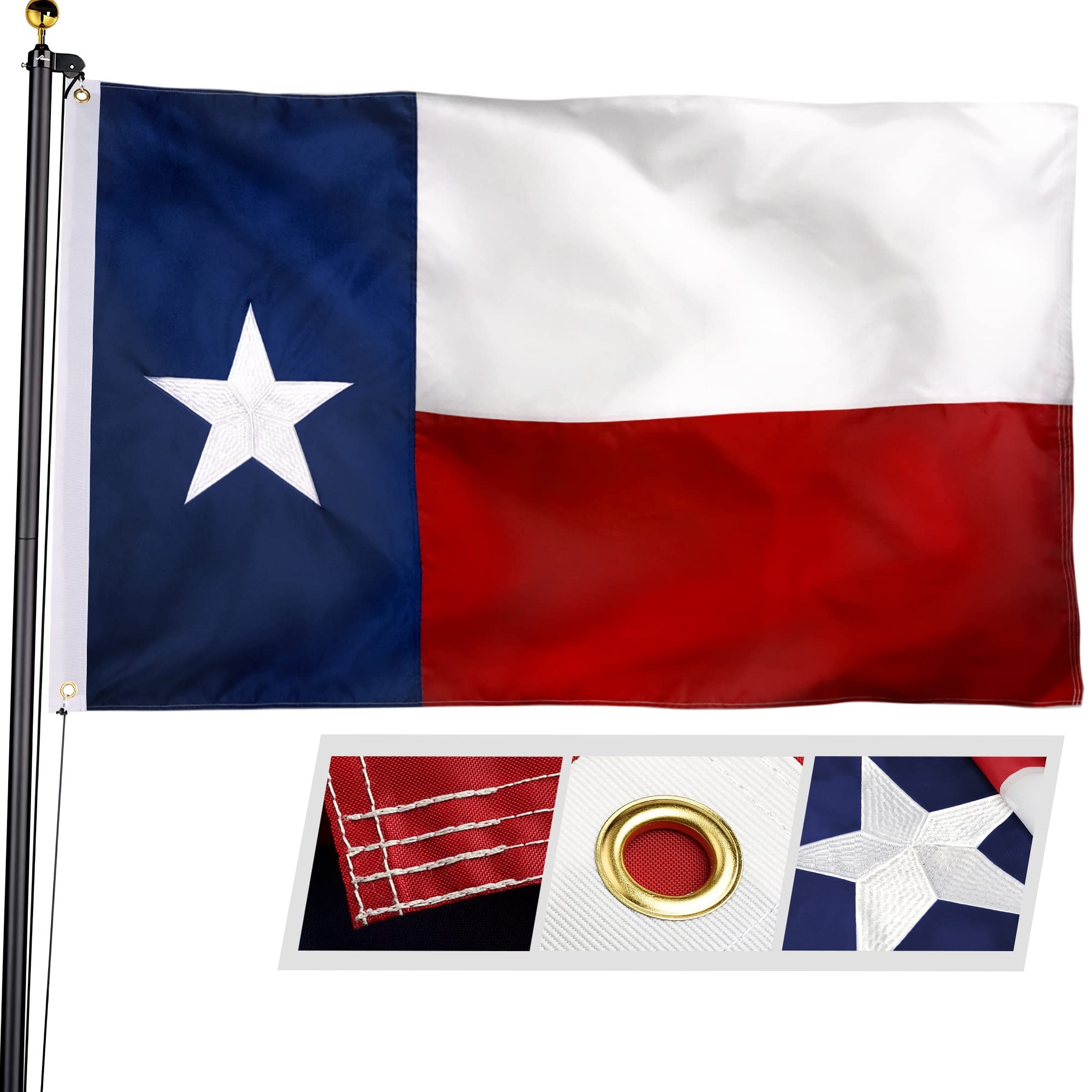 Texas Flag 3 x 5 ft Outdoor, High Wind, Heavy Duty Large TX State Flags for Outside, Durable Nylon with Luxury Embroidered Stars Sewn Stripes Brass Grommets