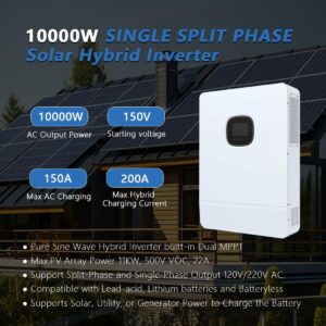 Y&H 10KW 48V Solar Hybrid Inverter Split-Phase 240V/Single-phase 120V Connection,200A MPPT Solar Charge,Pure sine Wave Output,BMS Activation,Peak Cutting and Valley Filling for Home Energy Storage