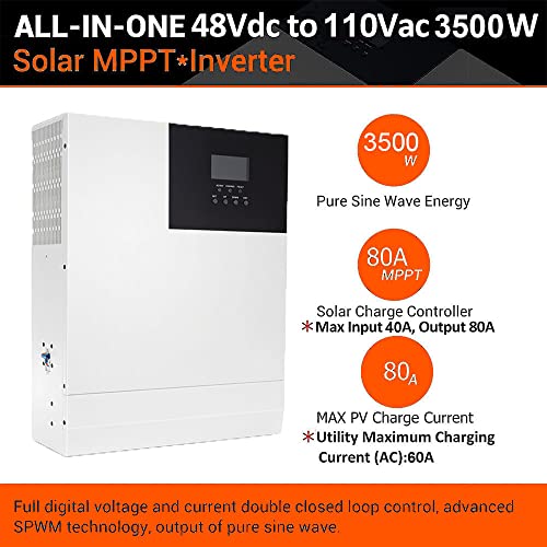 Y&H 3500W 48V Off Grid Solar Hybrid Inverter AC120V Pure Sine Wave with 80A MPPT Charge Controller PV Max 145V Input, Works with 48V Lead Acid and Lithium Batteries, Supports Utility/Generator/Solar