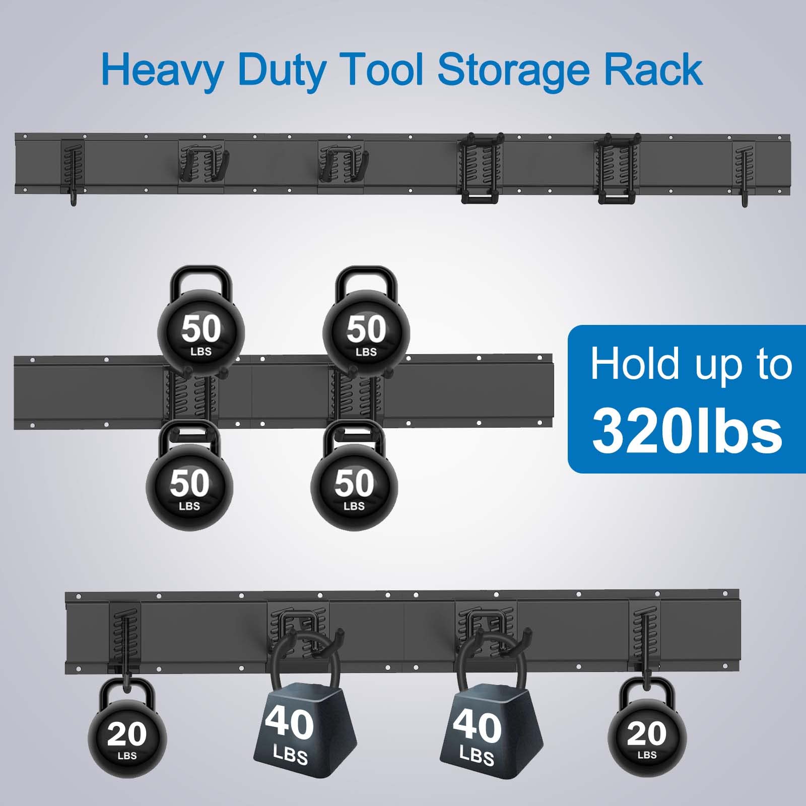 Juquline Garage Storage Tool Storage Rack, Heavy Duty Garage Tool Organizer Wall Mount Garden Yard Tool Organizer Adjustable Storage System 48Inch Max 320lbs, (6Hooks+3Rails)