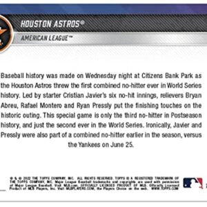 2022 Topps Now Rafael Montero, Cristian Javier, Bryan Aubrey, and Ryan Pressly with Christian Vazquez #1150- 4 Pitchers combine on 2nd NO-Hitter in World Series History - Baseball Trading Card- Houston Astros. Shipped in Protective Screwdown Holder.