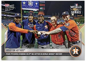 2022 topps now rafael montero, cristian javier, bryan aubrey, and ryan pressly with christian vazquez #1150- 4 pitchers combine on 2nd no-hitter in world series history - baseball trading card- houston astros. shipped in protective screwdown holder.