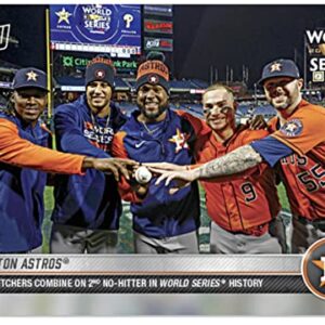 2022 Topps Now Rafael Montero, Cristian Javier, Bryan Aubrey, and Ryan Pressly with Christian Vazquez #1150- 4 Pitchers combine on 2nd NO-Hitter in World Series History - Baseball Trading Card- Houston Astros. Shipped in Protective Screwdown Holder.