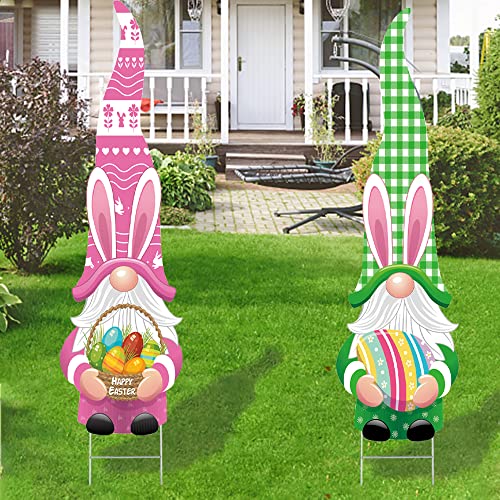 Easter Gnome Yard Signs 2 PCS Easter Bunny Eggs Garden Signs 47 Inch Large Plastic Outdoor Signs Pink Green Gnome Lawn Sign with Stakes H Frames for Spring Holiday Party Decor Patio Pathway