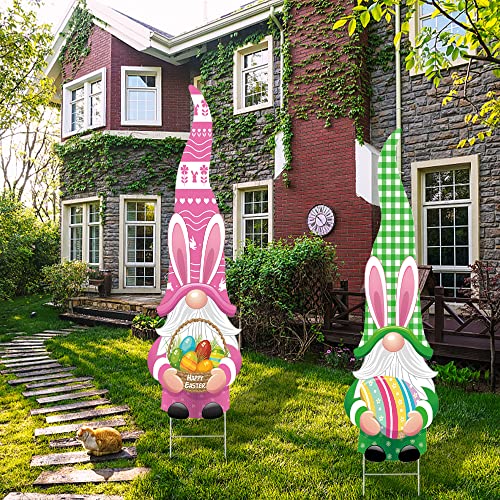 Easter Gnome Yard Signs 2 PCS Easter Bunny Eggs Garden Signs 47 Inch Large Plastic Outdoor Signs Pink Green Gnome Lawn Sign with Stakes H Frames for Spring Holiday Party Decor Patio Pathway