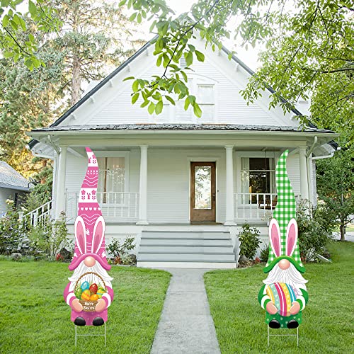 Easter Gnome Yard Signs 2 PCS Easter Bunny Eggs Garden Signs 47 Inch Large Plastic Outdoor Signs Pink Green Gnome Lawn Sign with Stakes H Frames for Spring Holiday Party Decor Patio Pathway