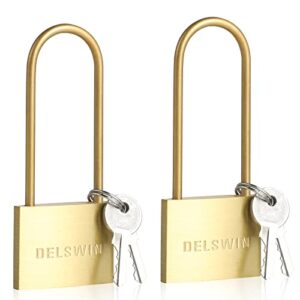 delswin keyed-alike solid brass padlock - small pad locks with same key weatherproof long shackle lock for school gym locker and tool box, pack of 2