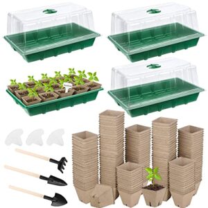 hahood 4 pack seed starter tray kit, 120 square seed peat pots for seedlings with plants labels, planting tools, plastic growing germination trays with lids for indoor outdoor gardening, green