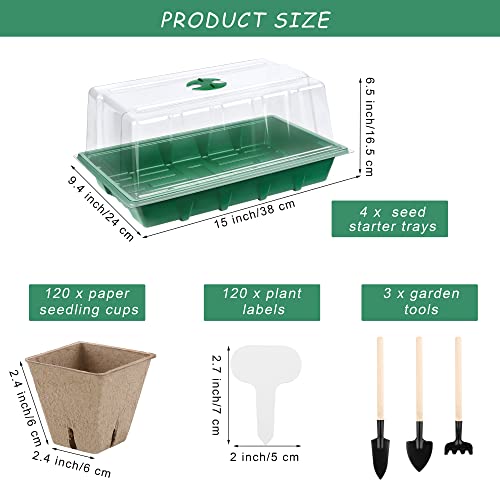 Hahood 4 Pack Seed Starter Tray Kit, 120 Square Seed Peat Pots for Seedlings with Plants Labels, Planting Tools, Plastic Growing Germination Trays with Lids for Indoor Outdoor Gardening, Green