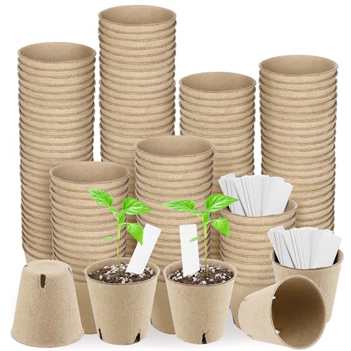 Hahood 150 Pieces Peat Pots Seed Starters 3.15 Inch Peat Pots Round Biodegradable Seed Starting Pots with 80 Plant Labels, Planter Nursery Pots with Drainage Holes for Vegetable Seed