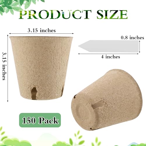 Hahood 150 Pieces Peat Pots Seed Starters 3.15 Inch Peat Pots Round Biodegradable Seed Starting Pots with 80 Plant Labels, Planter Nursery Pots with Drainage Holes for Vegetable Seed