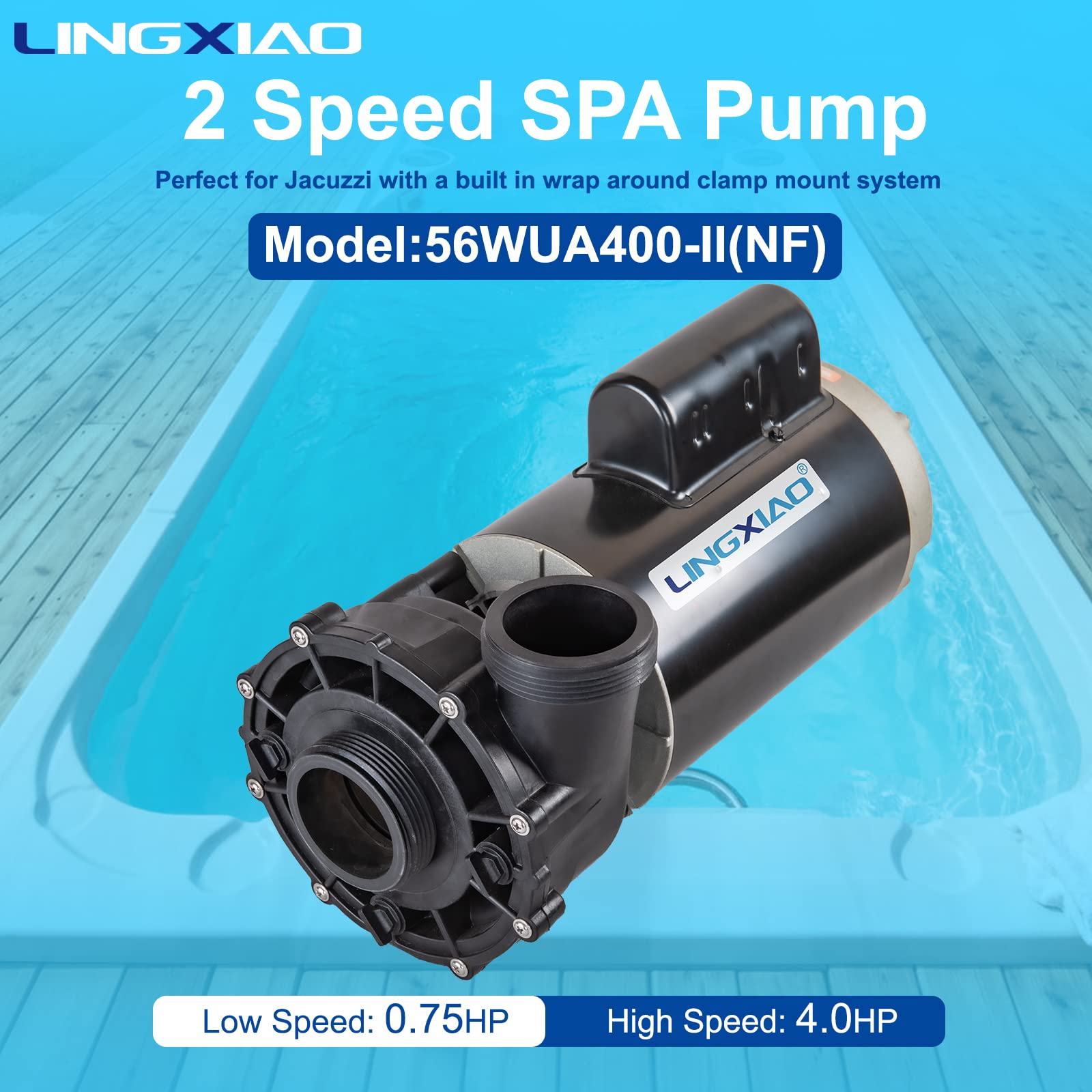 LINGXIAO WUA400-II SPA Pump, 4HP Hot Tub Pumps, 2 Speed LX SPA Pump Motor 220-240V, 2" Port, 56 Frame, No Base for Jacuzzi Pump - Mode: 56WUA400-II(NF)