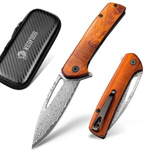 nedfoss pegasus damascus pocket knife for men, 3.5" ladder pattern damascus steel folding knife with rosewood handle, ball bearings pivot, deep carry clip, edc knife camping gifts for men women