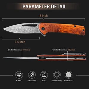 NedFoss PEGASUS Damascus Pocket Knife for Men, 3.5" Ladder Pattern Damascus Steel Folding Knife with Rosewood Handle, Ball Bearings Pivot, Deep Carry Clip, EDC Knife Camping Gifts for Men Women