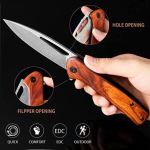 NedFoss PEGASUS Damascus Pocket Knife for Men, 3.5" Ladder Pattern Damascus Steel Folding Knife with Rosewood Handle, Ball Bearings Pivot, Deep Carry Clip, EDC Knife Camping Gifts for Men Women