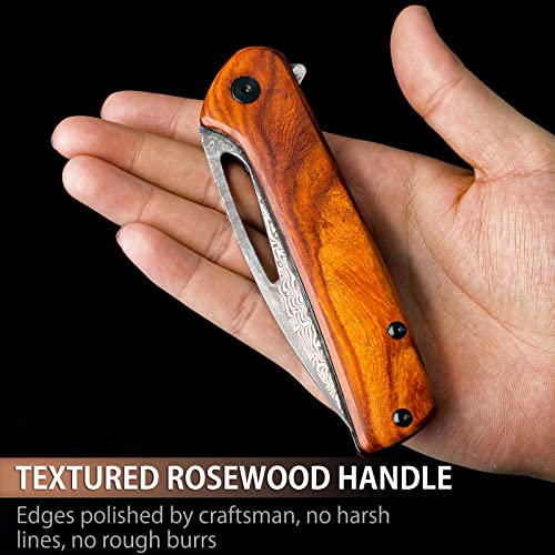 NedFoss PEGASUS Damascus Pocket Knife for Men, 3.5" Ladder Pattern Damascus Steel Folding Knife with Rosewood Handle, Ball Bearings Pivot, Deep Carry Clip, EDC Knife Camping Gifts for Men Women